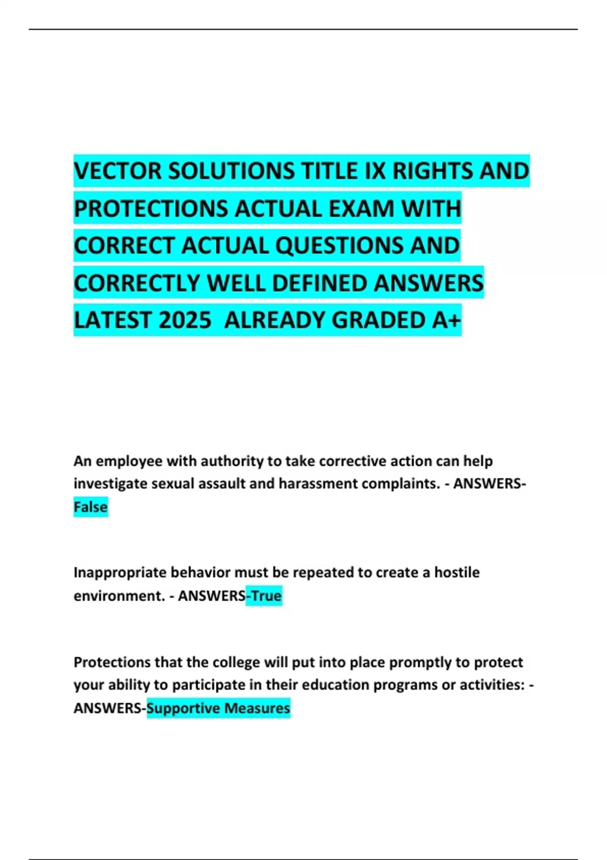 VECTOR SOLUTIONS TITLE IX RIGHTS AND PROTECTIONS ACTUAL EXAM WITH ...
