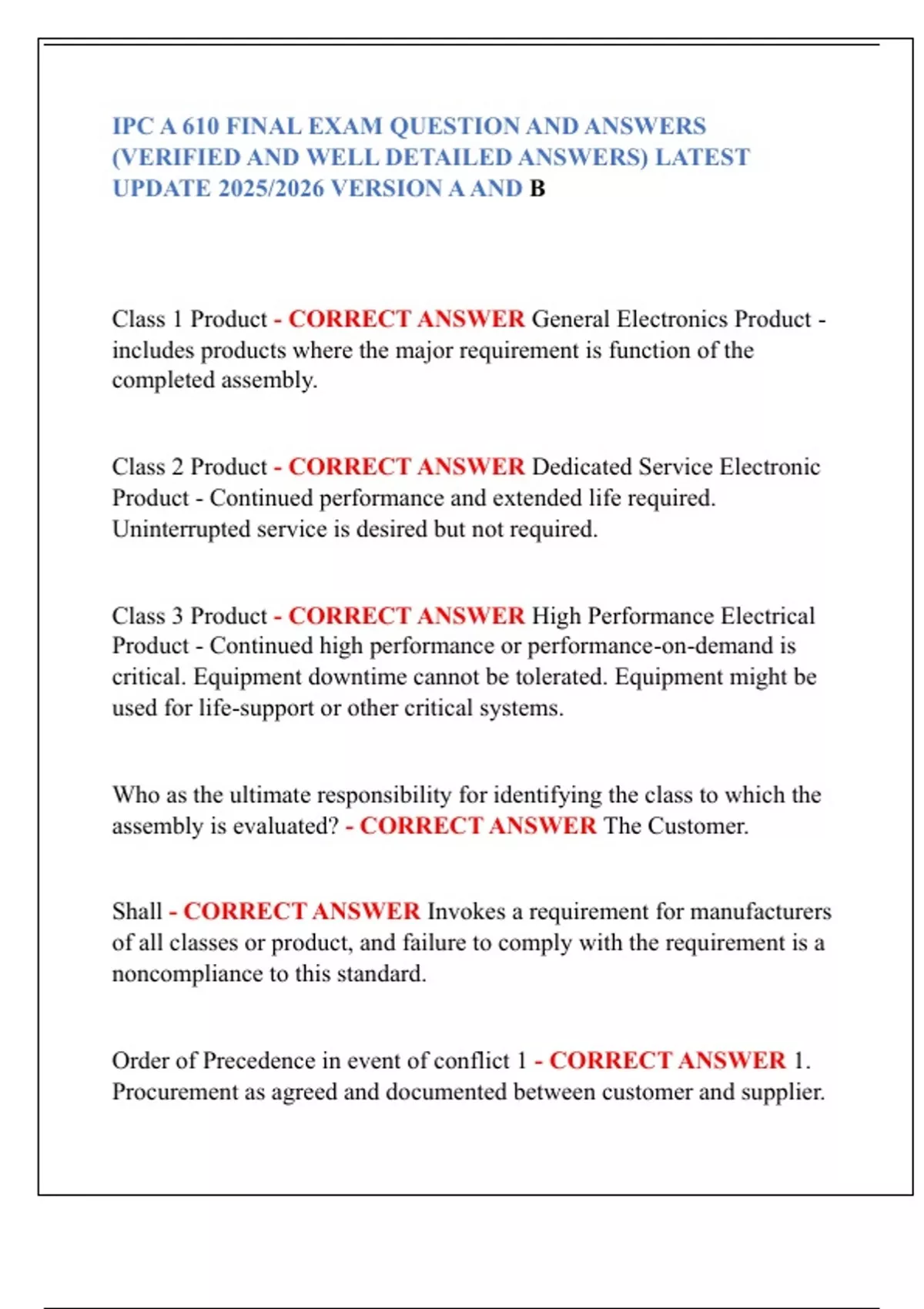 IPC A 610 FINAL EXAM QUESTION AND ANSWERS (VERIFIED AND WELL DETAILED ...