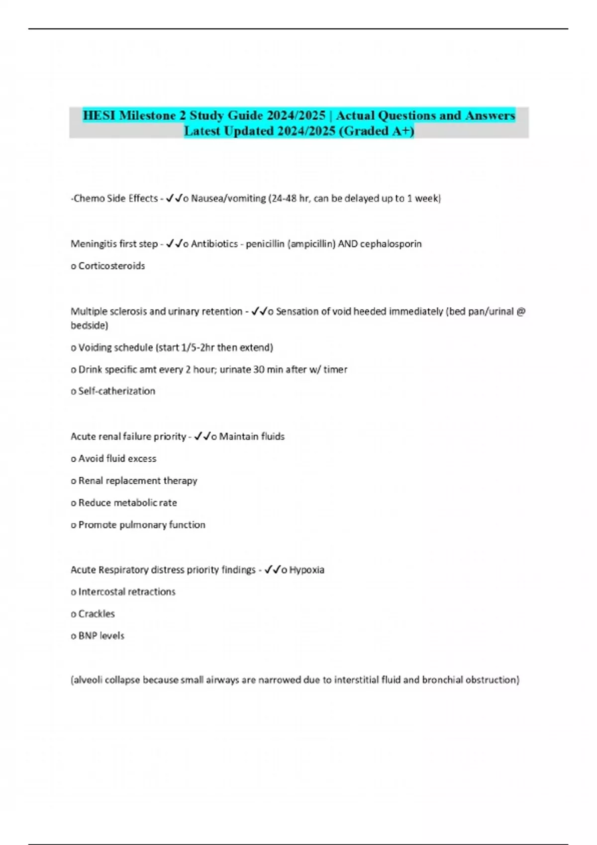 HESI Milestone 2 Study Guide 2024/2025 | Actual Questions and Answers ...