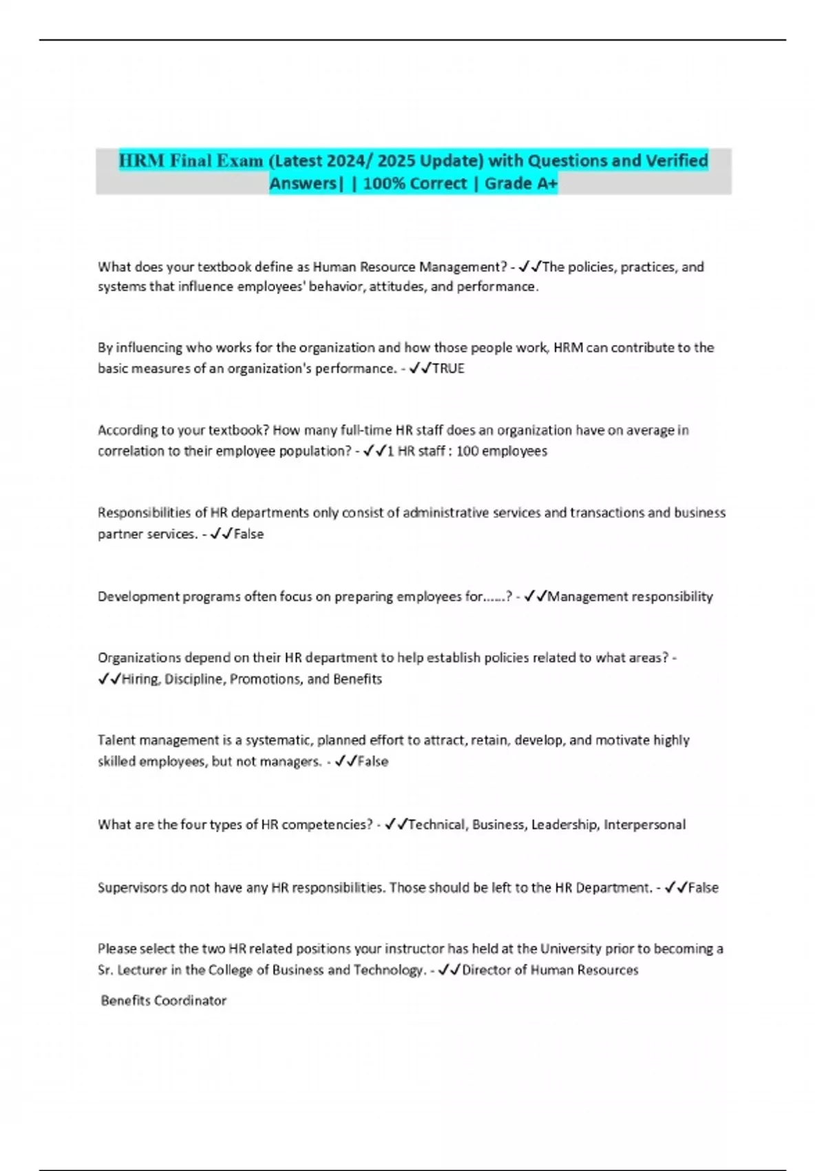 HRM Final Exam (Latest 2024/ 2025 Update) with Questions and Verified ...