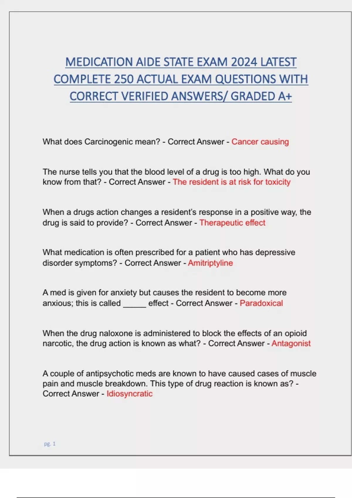 MEDICATION AIDE STATE EXAM 2024 LATEST COMPLETE 250 ACTUAL EXAM ...