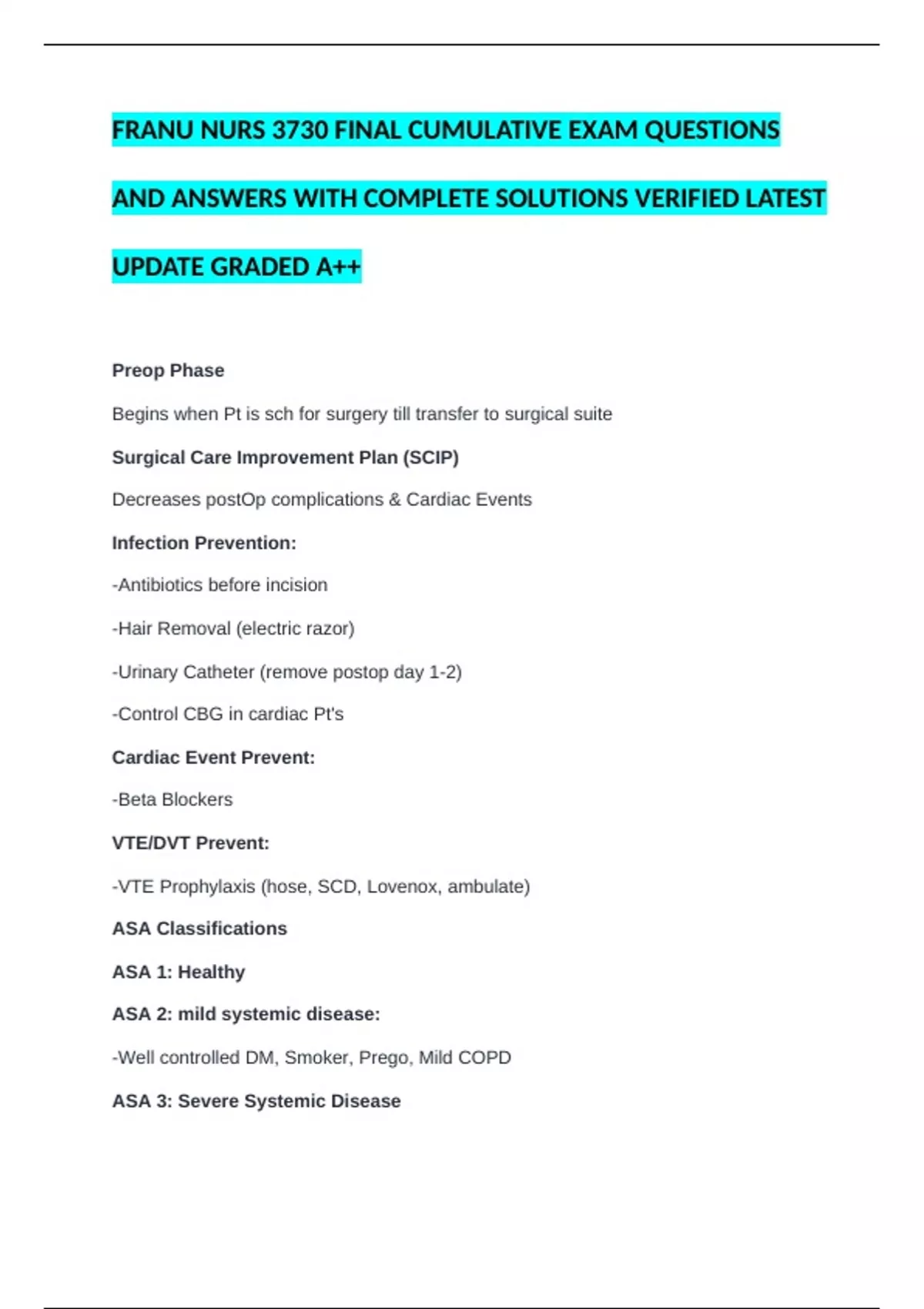 FRANU NURS 3730 FINAL CUMULATIVE EXAM QUESTIONS AND ANSWERS WITH ...