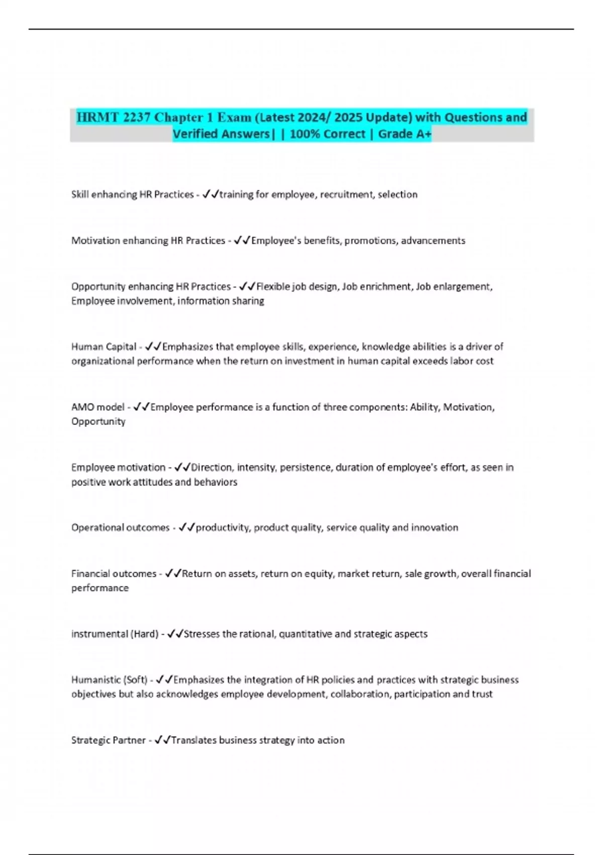 HRMT 2237 Chapter 1 Exam (Latest 2024/ 2025 Update) with Questions and ...