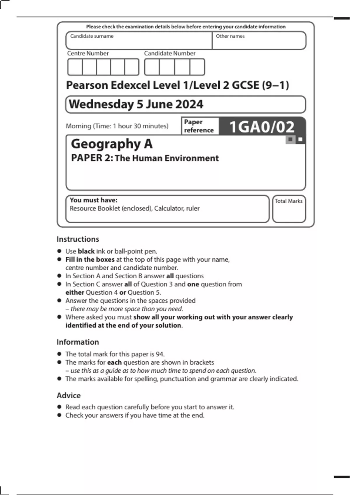 EDEXCEL GEOGRAPHY A GCSE JUNE 2024 PAPER 2 QP - 2024 pastpapers - Stuvia UK