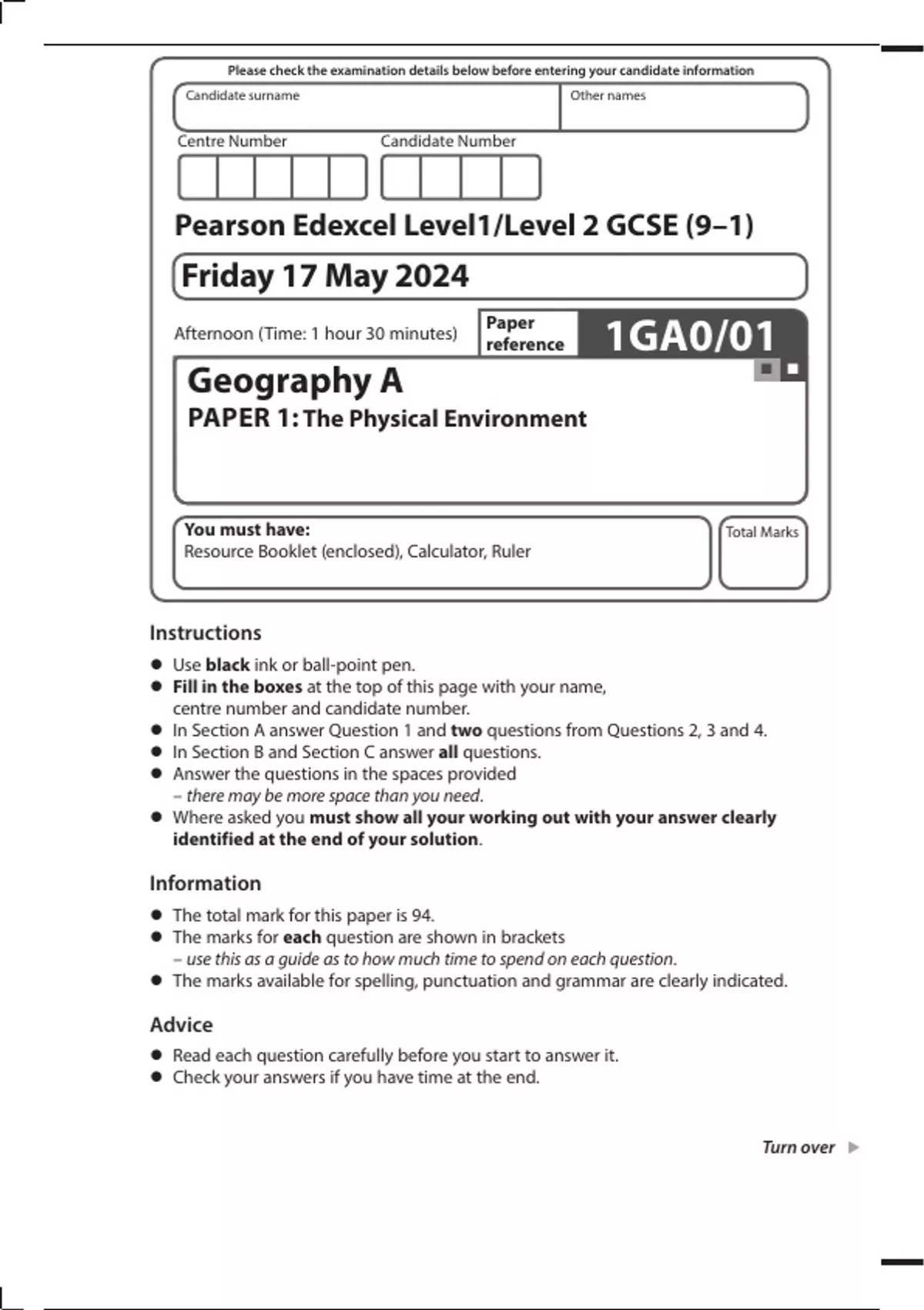 EDEXCEL GEOGRAPHY A GCSE JUNE 2024 PAPER 1 QP - 2024 pastpapers - Stuvia UK