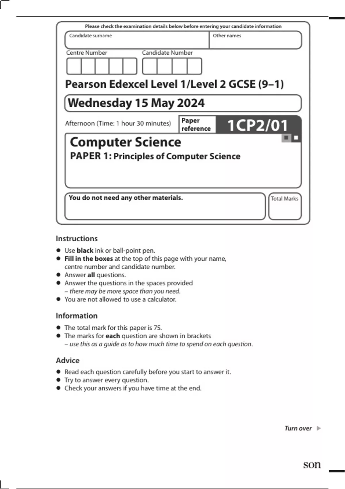 EDEXCEL COMPUTER SCIENCE GCSE JUNE 2024 PAPER 1 QP - 2024 PAPERS ...