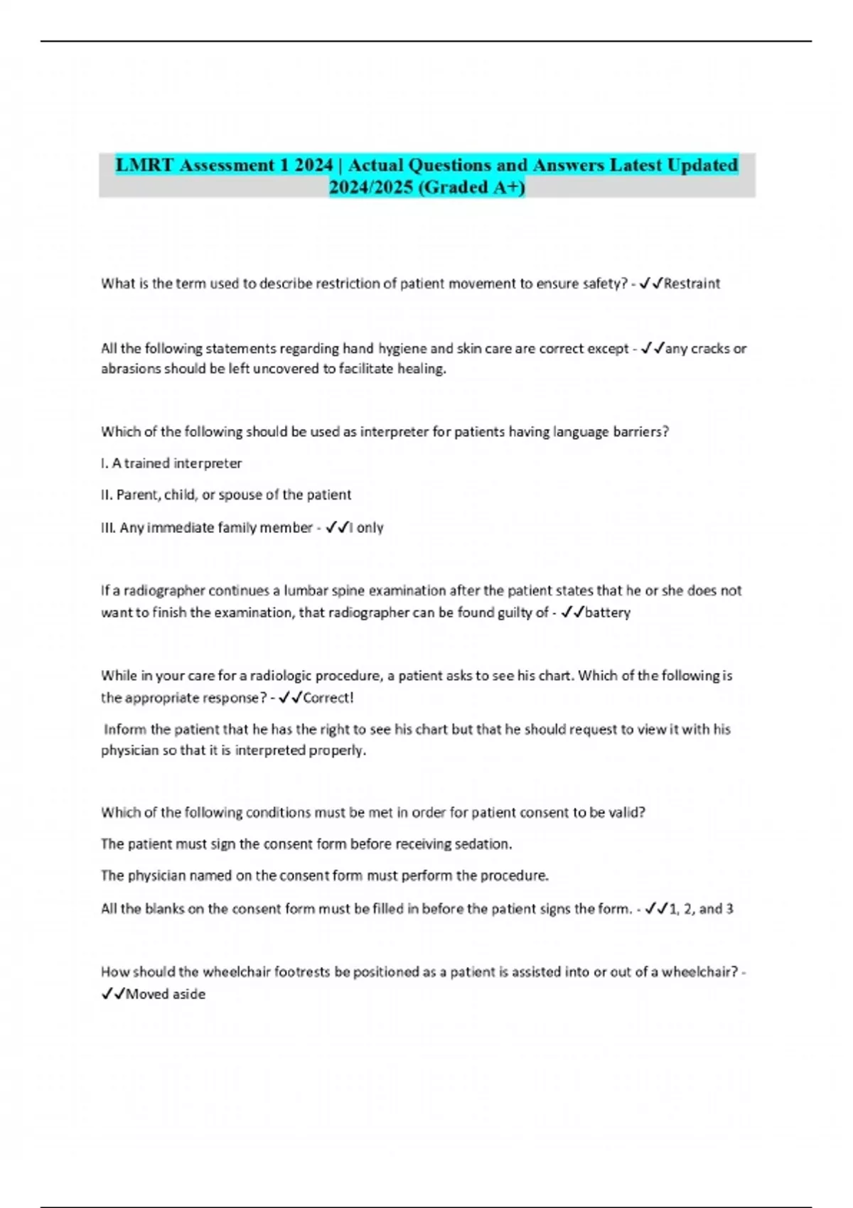 LMRT Assessment 1 2024 | Actual Questions and Answers - LMRT - Stuvia US