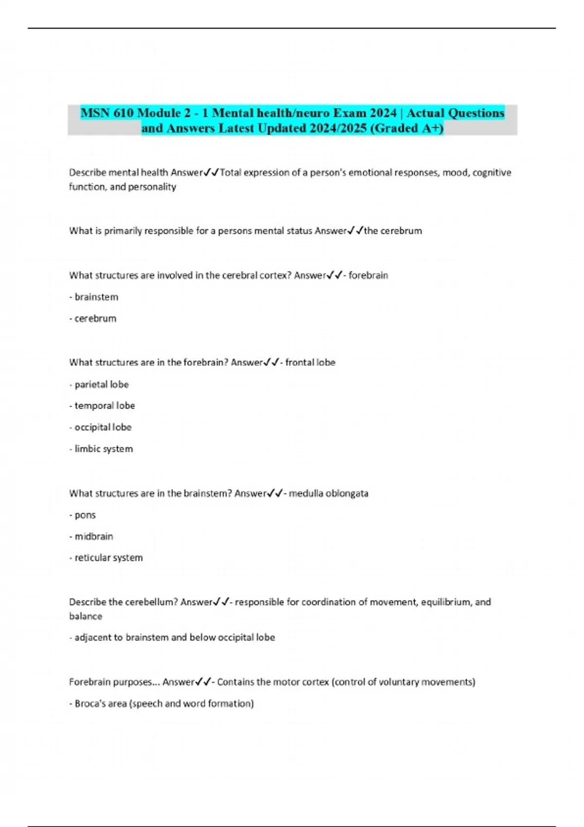 MSN 610 Module 2 - 1 Mental health/neuro Exam 2024 | Actual Questions ...