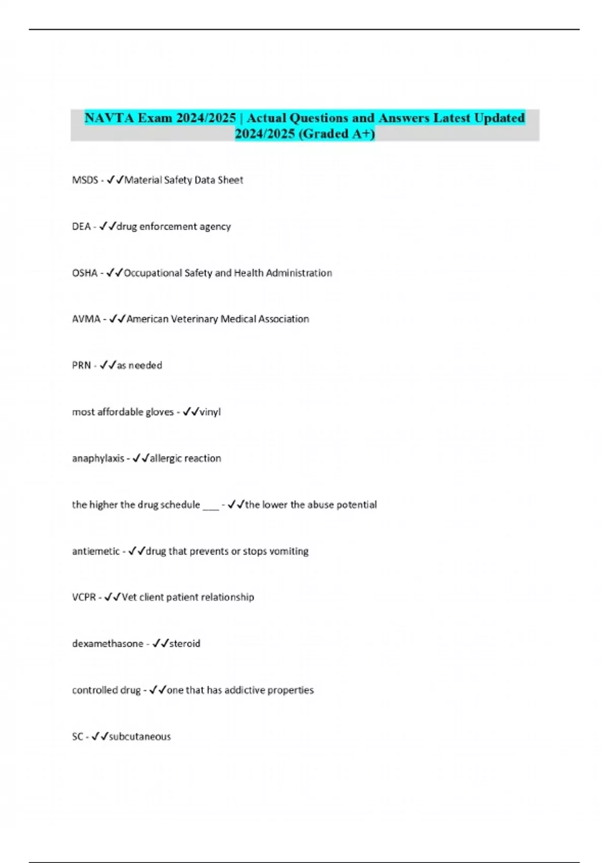 NAVTA Exam 2024/2025 | Actual Questions and Answers - NAVTA - Stuvia US