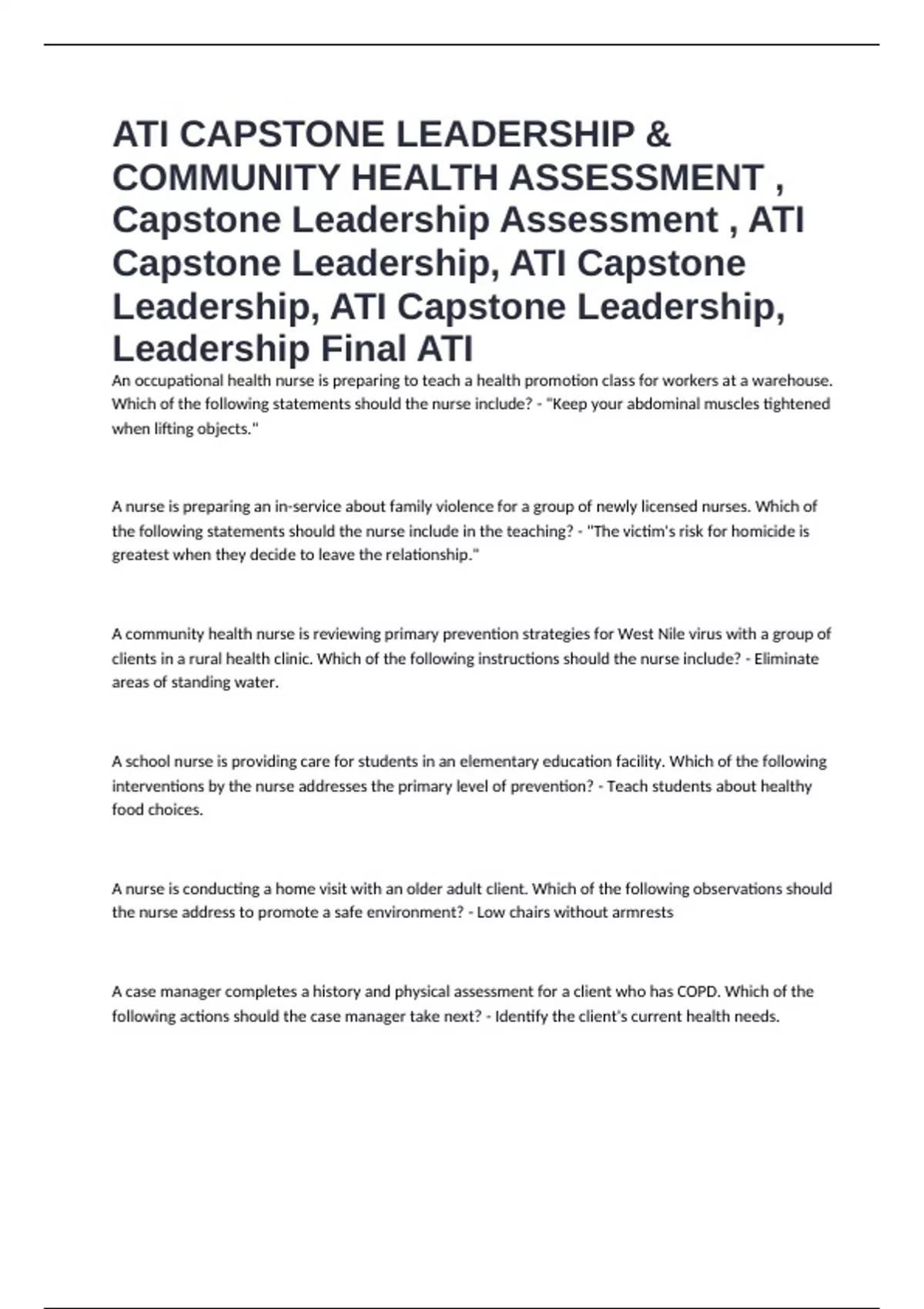 ATI CAPSTONE LEADERSHIP & COMMUNITY HEALTH ASSESSMENT , Capstone ...