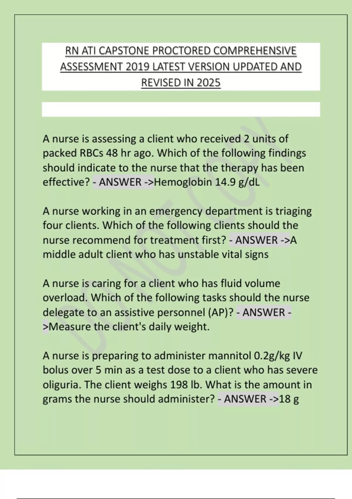 RN ATI CAPSTONE PROCTORED COMPREHENSIVE ASSESSMENT 2019 LATEST VERSION ...