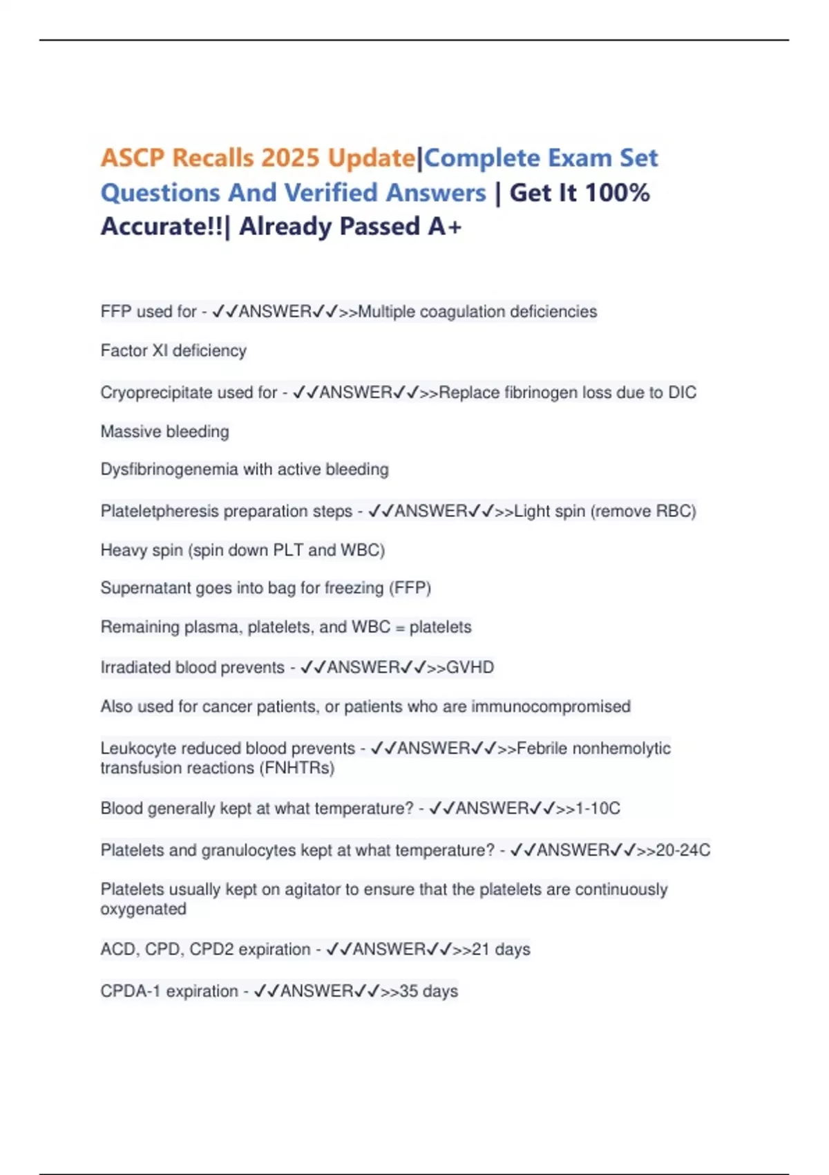 ASCP Recalls 2025 Update|Complete Exam Set Questions And Verified ...