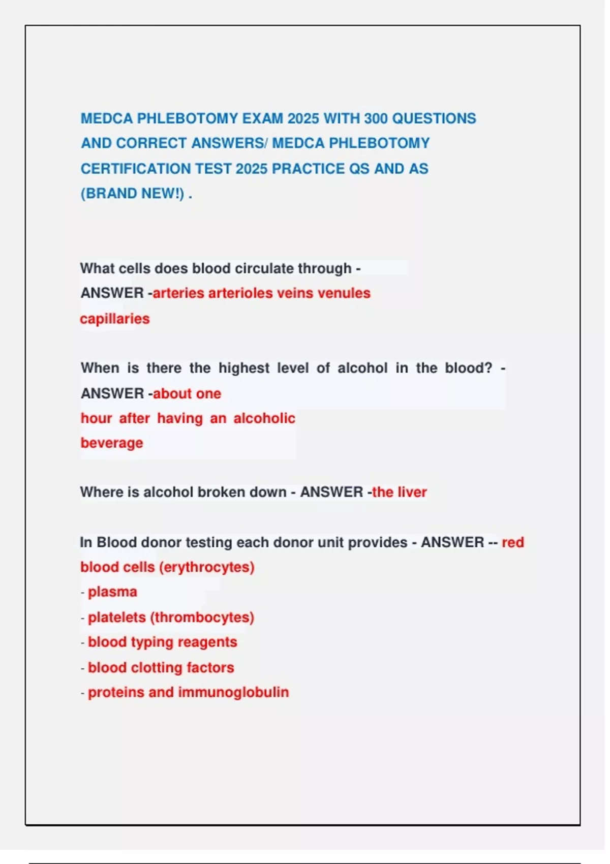 MEDCA PHLEBOTOMY EXAM 2025 WITH 300 QUESTIONS AND CORRECT ANSWERS ...