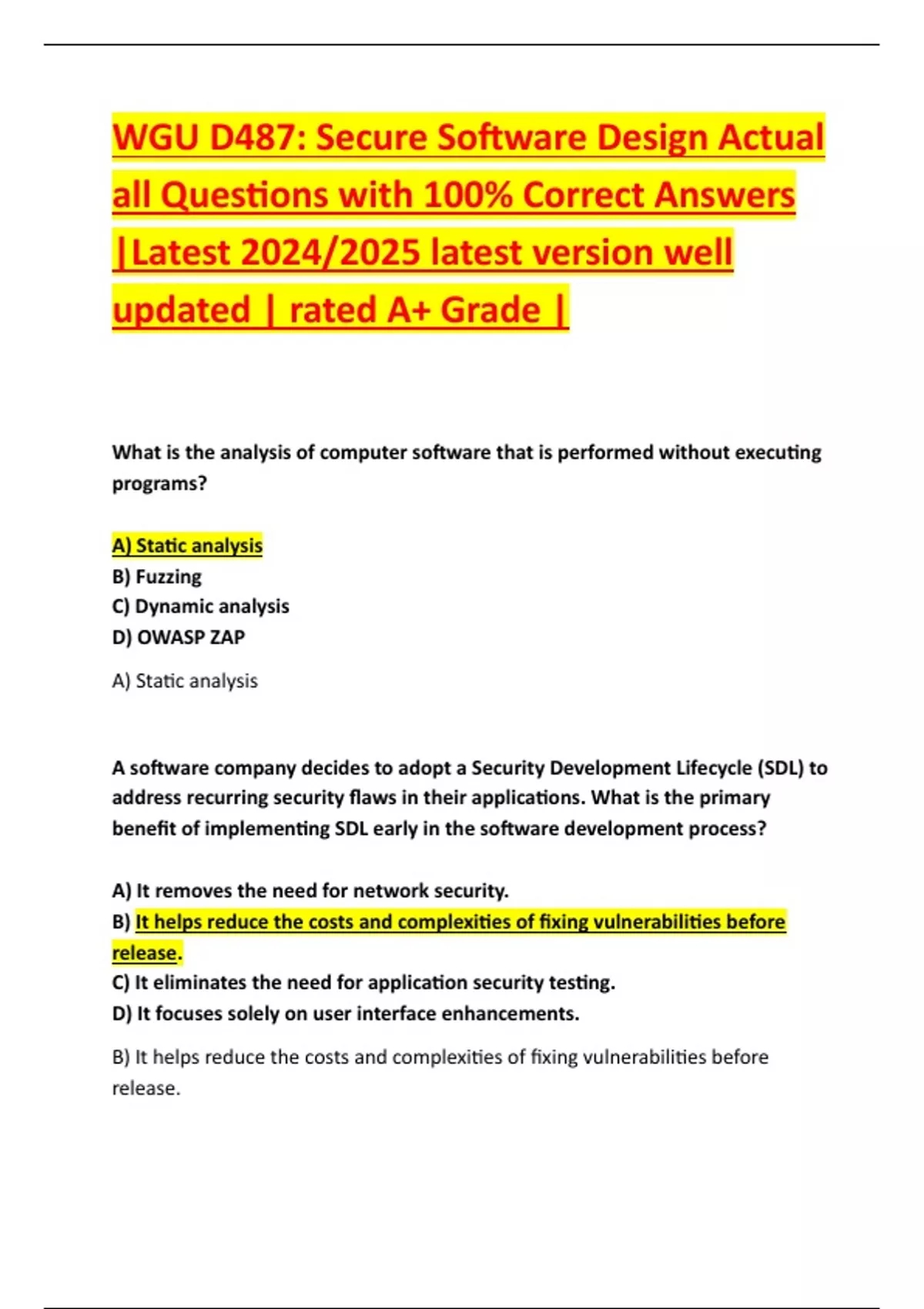 WGU D487: Secure Software Design Actual all Questions with 100% Correct ...