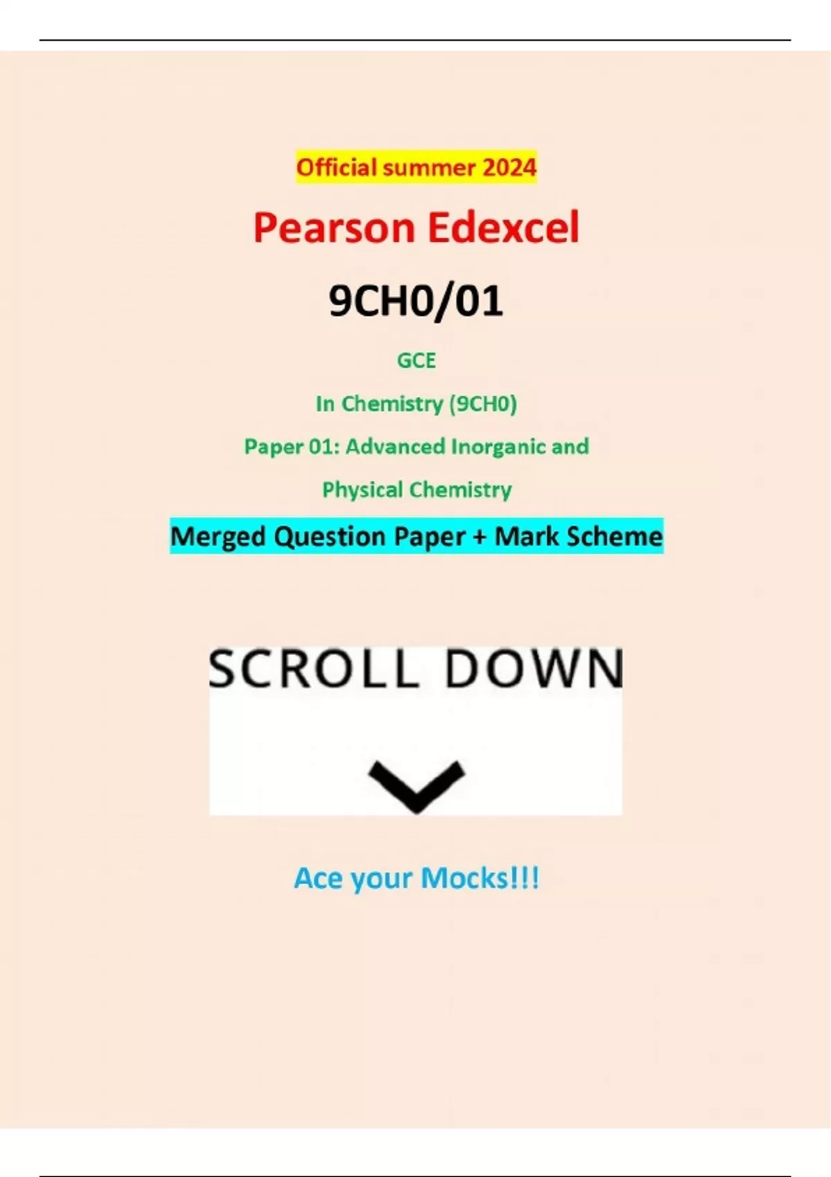 Official summer 2024 Pearson Edexcel 9CH0/01 GCE In Chemistry (9CH0 ...
