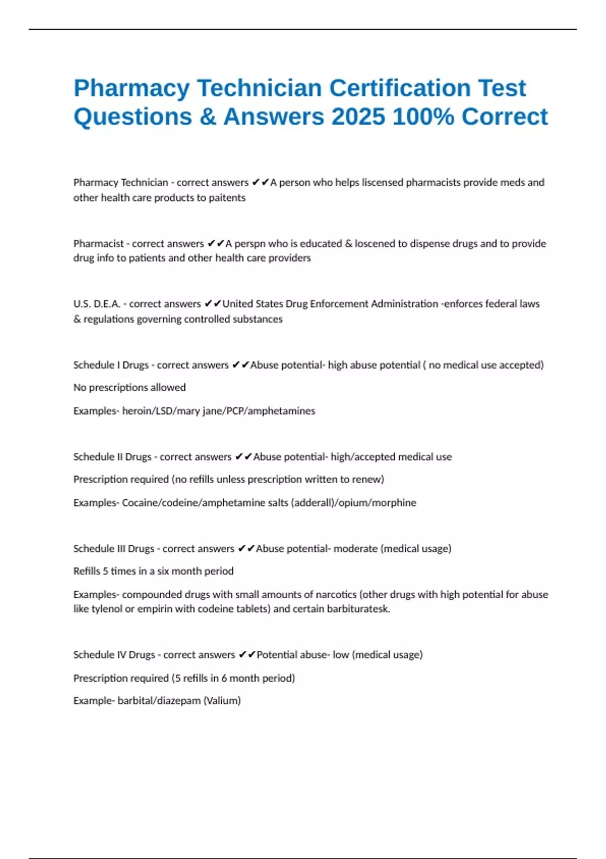 Pharmacy Technician Certification Test Questions & Answers 2025 100% ...