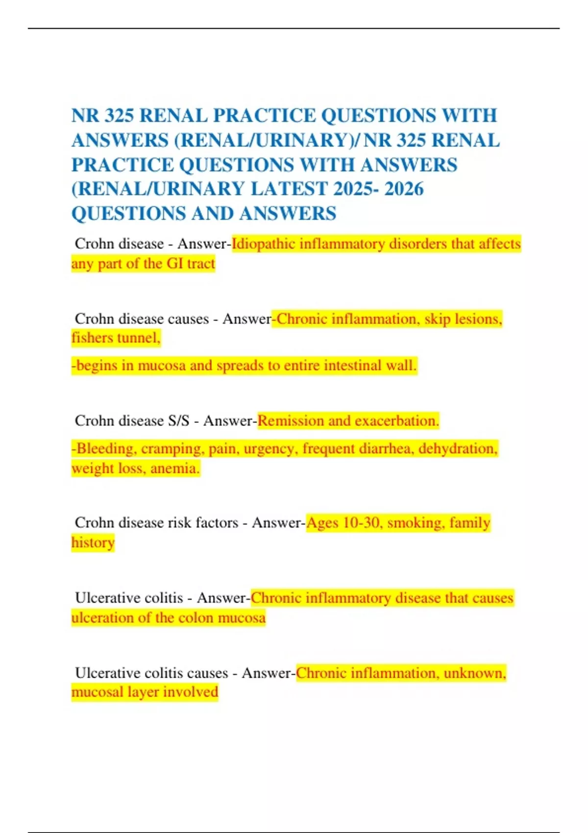 NR 325 RENAL PRACTICE QUESTIONS WITH ANSWERS (RENAL/URINARY)/ NR 325 ...