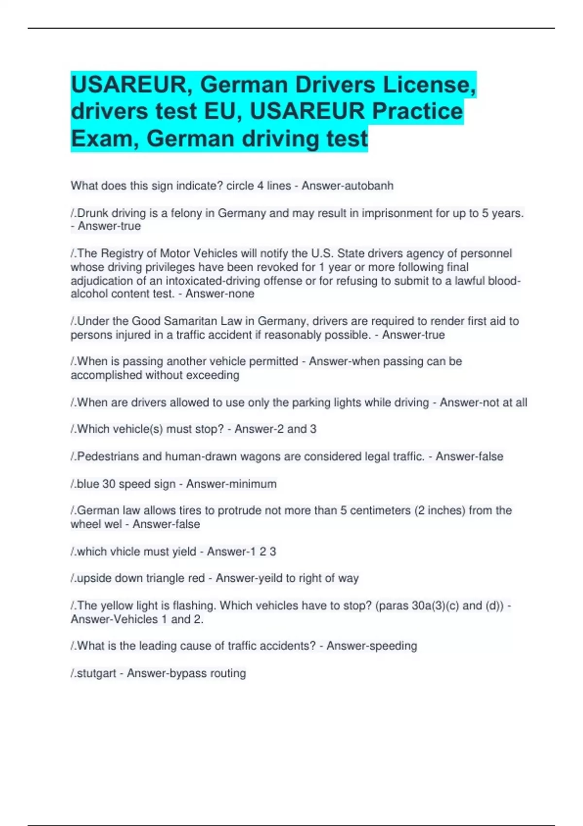 USAREUR, German Drivers License, drivers test EU, USAREUR Practice Exam ...