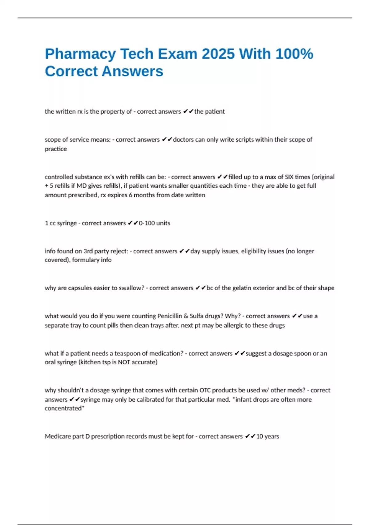 Pharmacy Tech Exam 2025 With 100% Correct Answers - Pharmacy Tech E ...