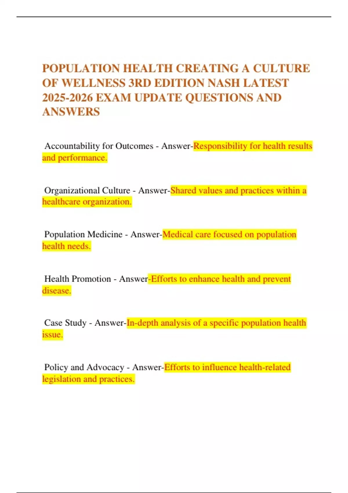 POPULATION HEALTH CREATING A CULTURE OF WELLNESS 3RD EDITION NASH ...