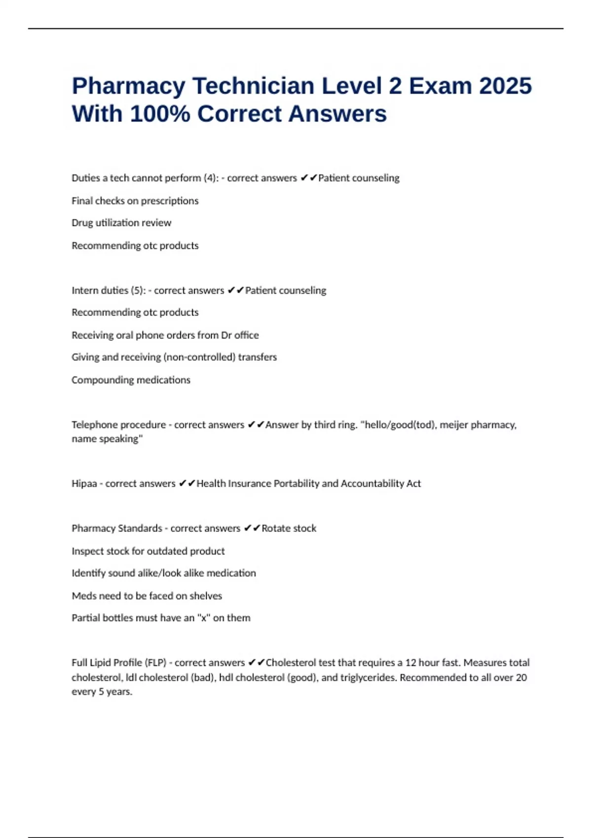 Pharmacy Technician Level 2 Exam 2025 With 100% Correct Answers ...