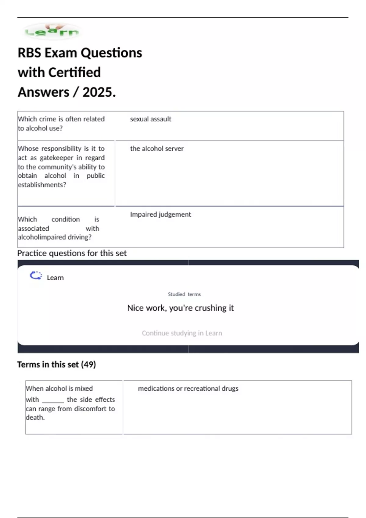 RBS Exam Questions with Certified Answers / 2025. - RBS - Stuvia US