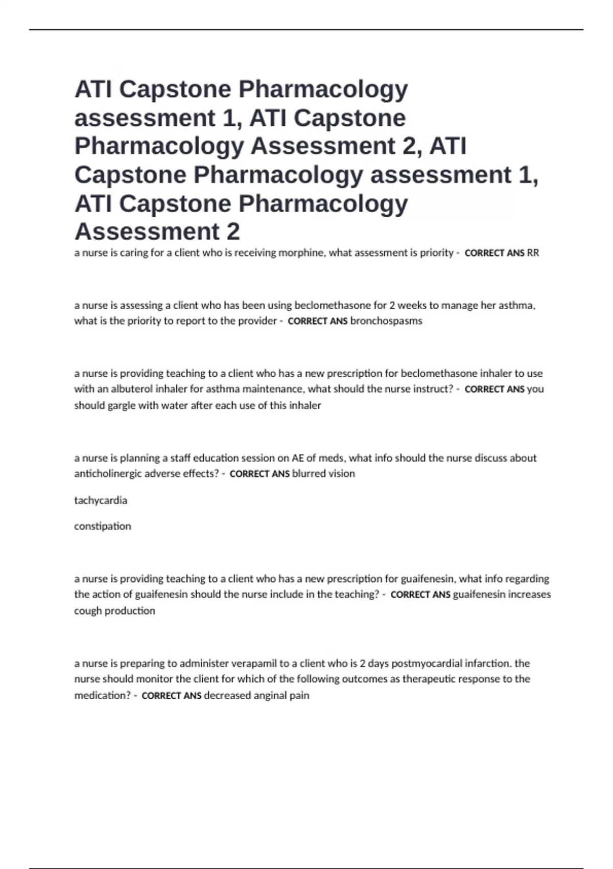 ATI Capstone Pharmacology assessment 1, ATI Capstone Pharmacology ...
