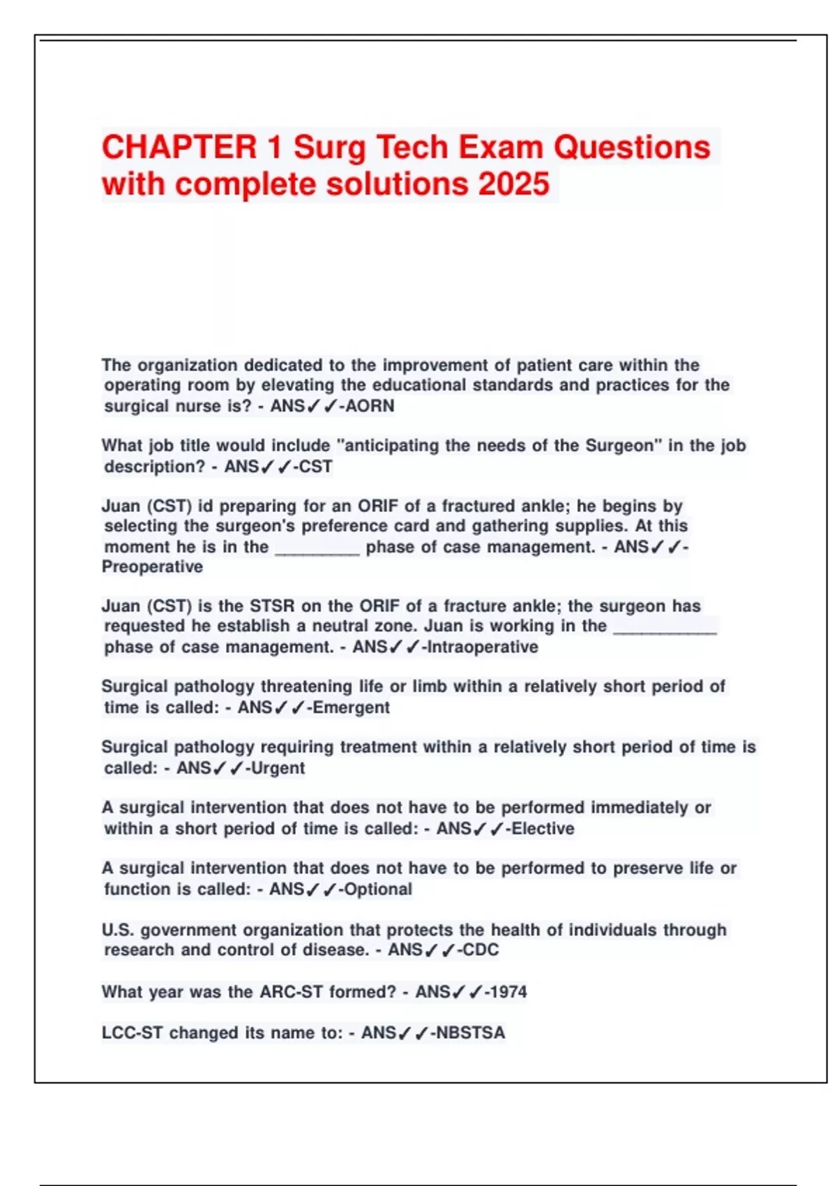 CHAPTER 1 Surg Tech Exam Questions with complete solutions 2025 . - Surgical tech - Stuvia UK