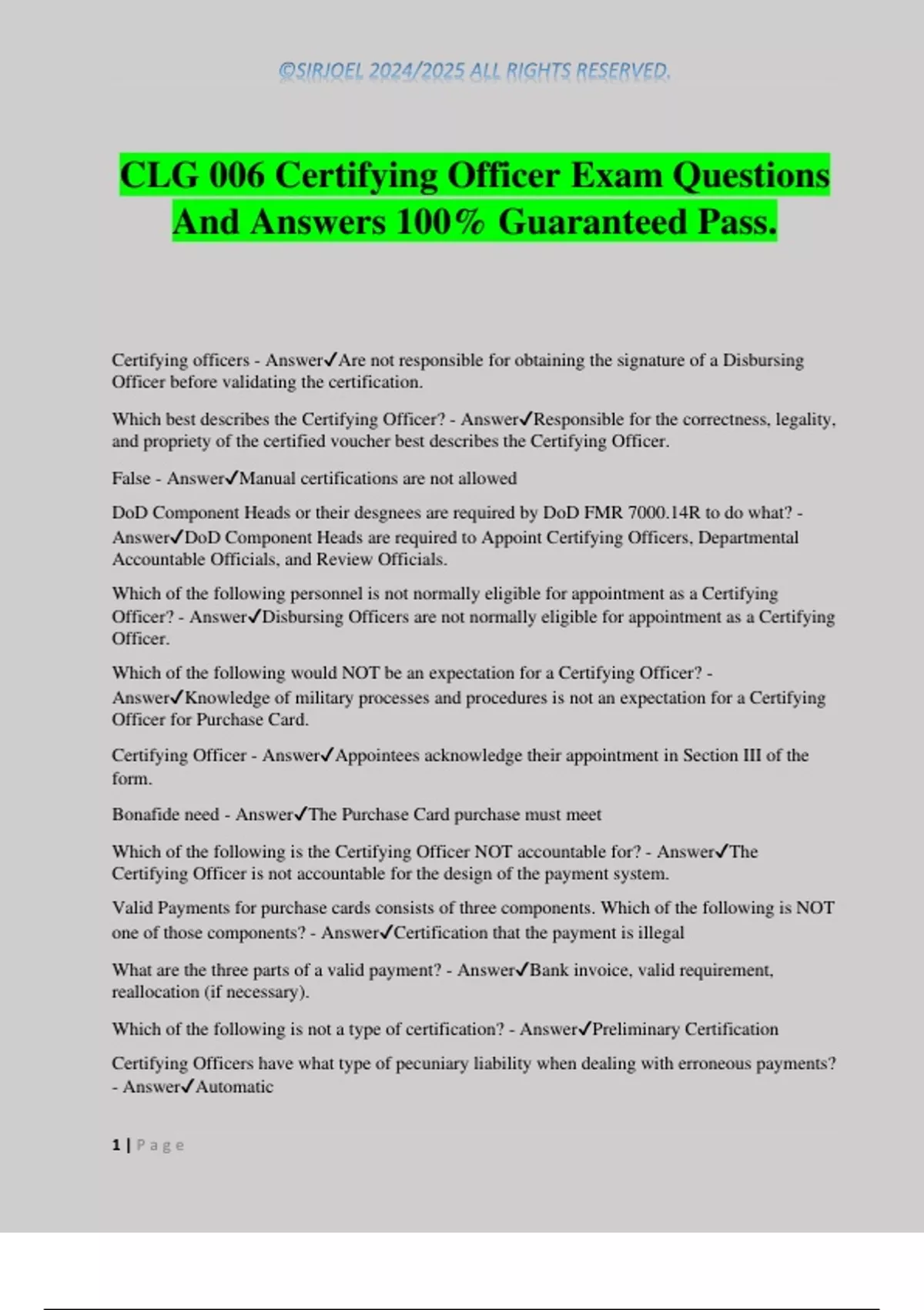 CLG 006 Certifying Officer Exam Questions And Answers 100% Guaranteed ...