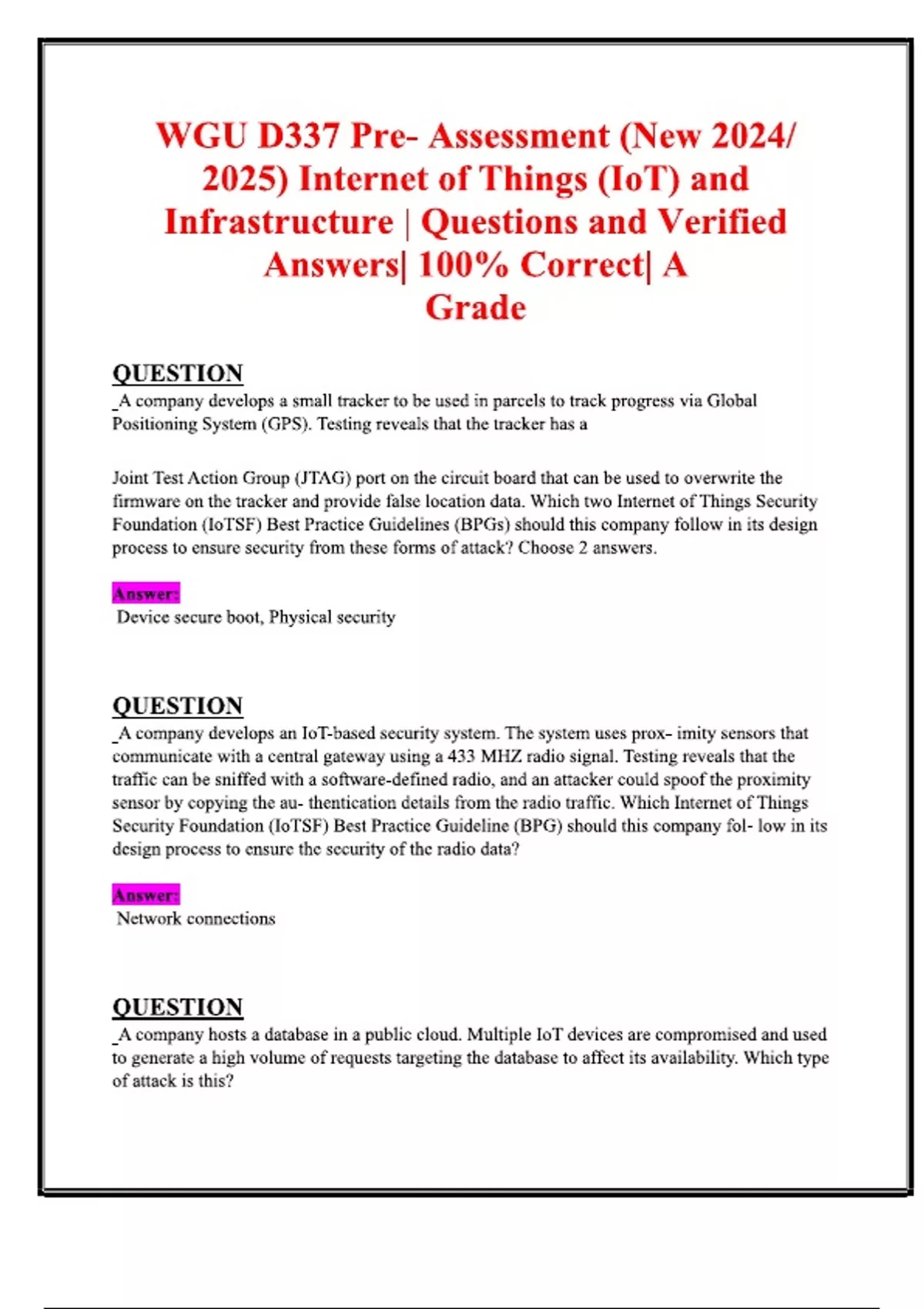 WGU D337 Pre- Assessment (New 2024/2025) Internet of Things (IoT) and ...