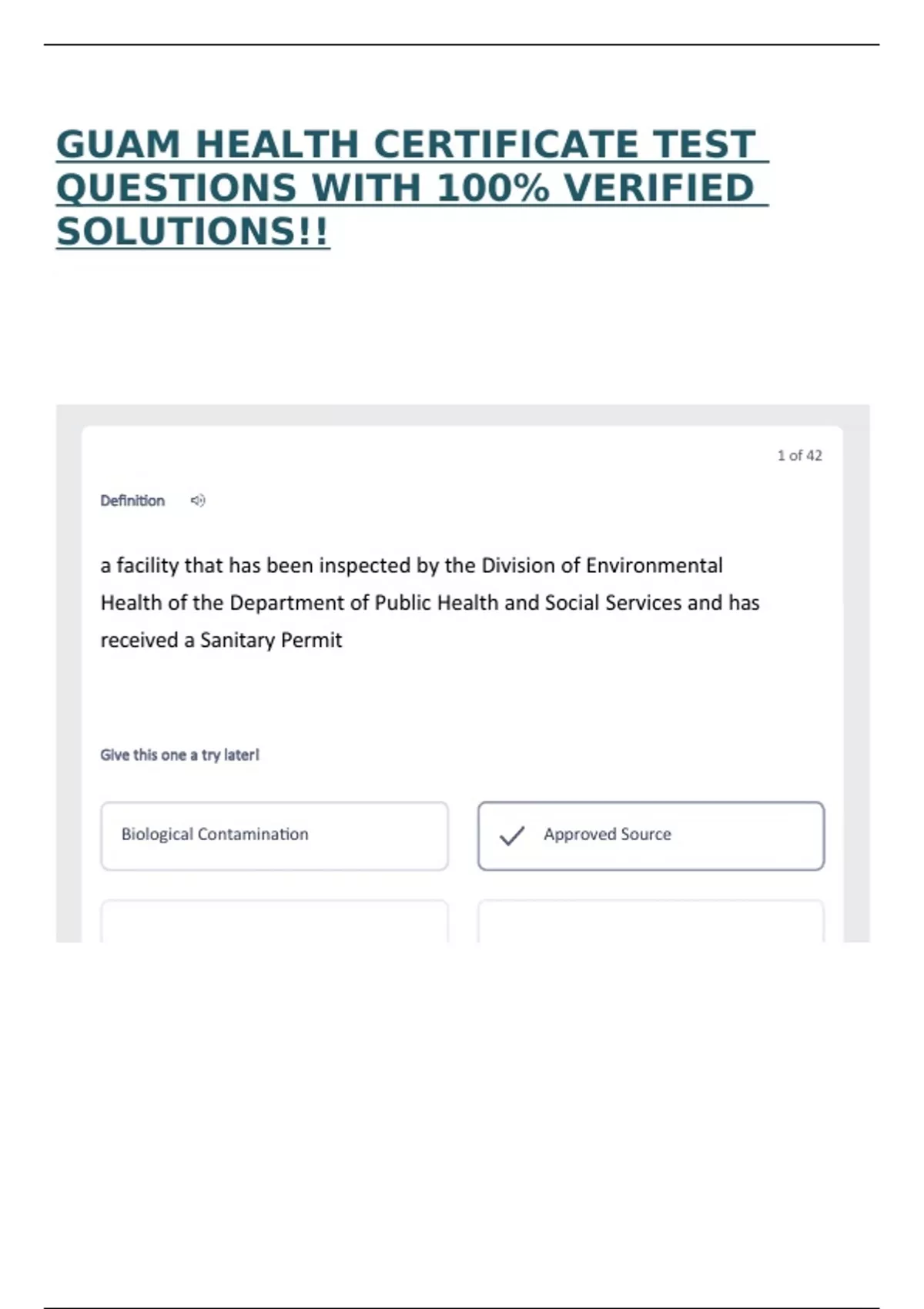GUAM HEALTH CERTIFICATE TEST QUESTIONS WITH 100% VERIFIED SOLUTIONS ...