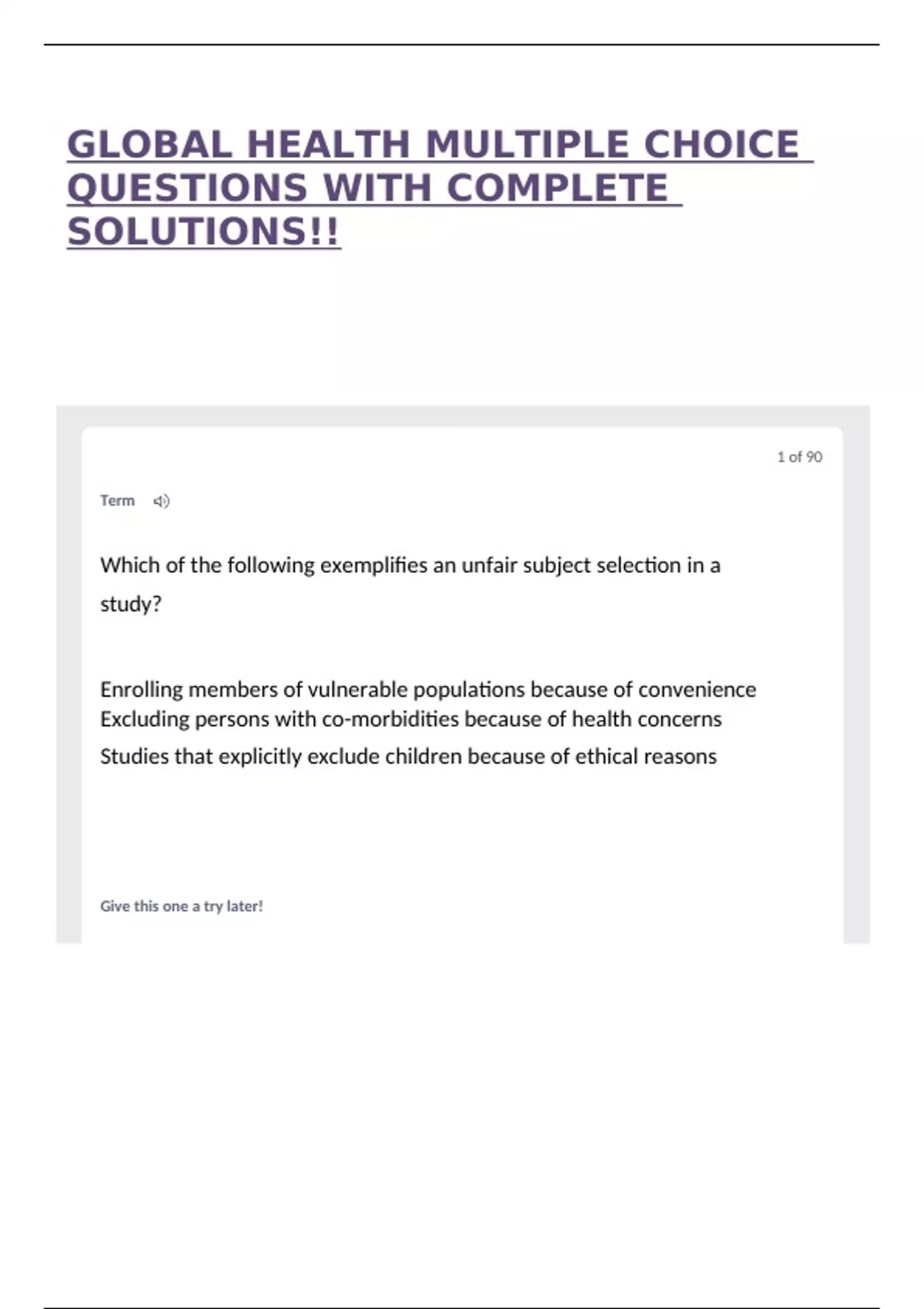 GLOBAL HEALTH MULTIPLE CHOICE QUESTIONS WITH COMPLETE SOLUTIONS ...