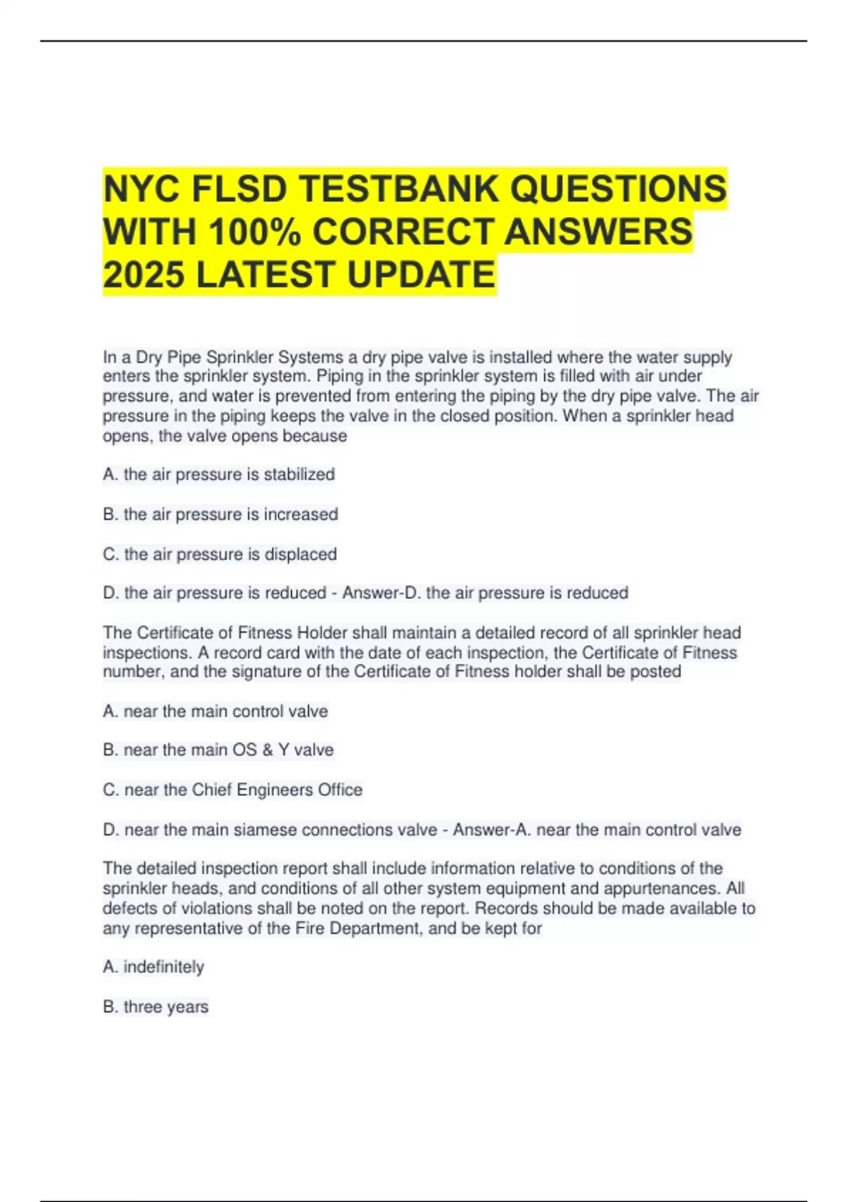 NYC FLSD TESTBANK QUESTIONS WITH 100% CORRECT ANSWERS 2025 LATEST ...