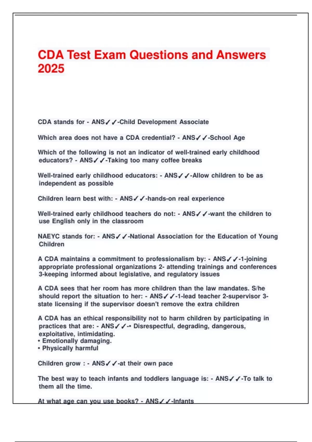 CDA Test Exam Questions and Answers 2025. - CDA - Child Development ...