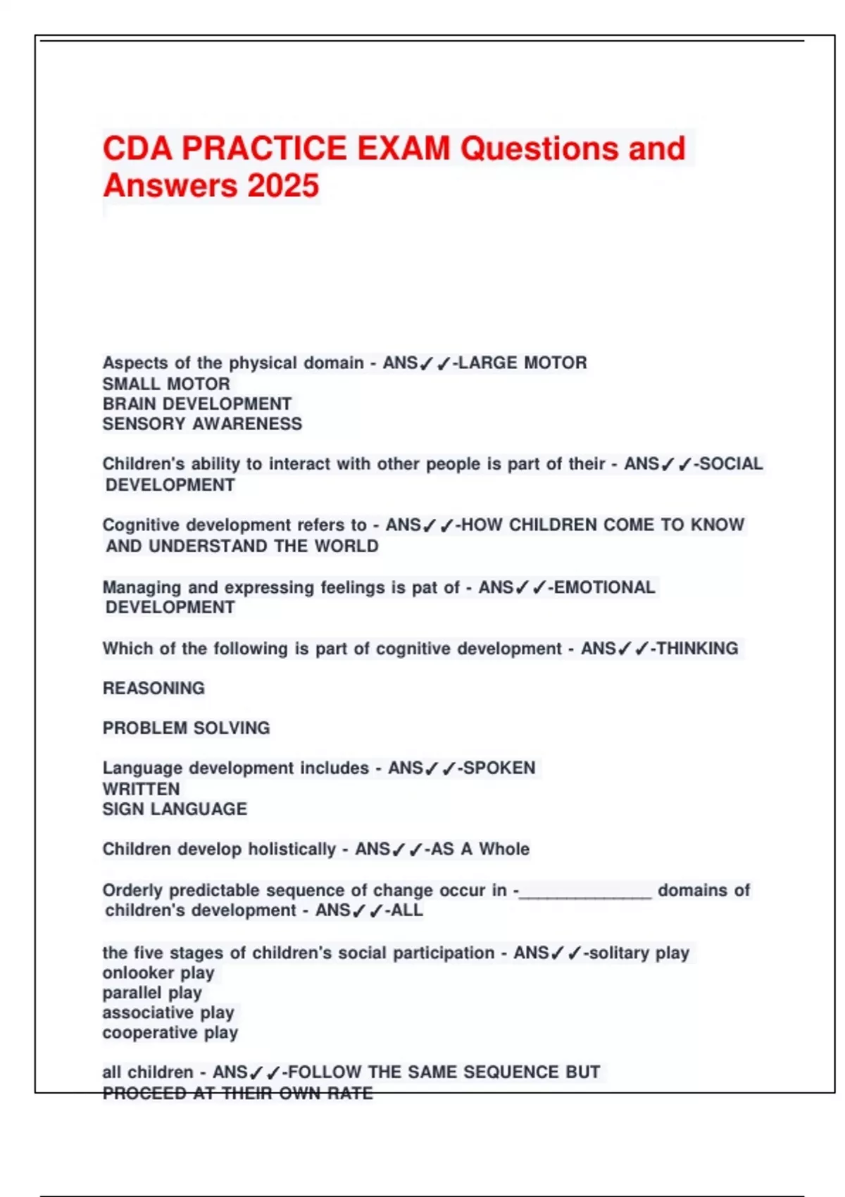 CDA PRACTICE EXAM Questions and Answers 2025. - CDA - Child Development ...