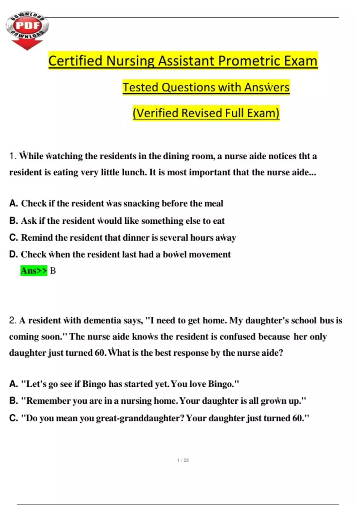 Certified Nursing Assistant Prometric Exam Tested Questions with ...