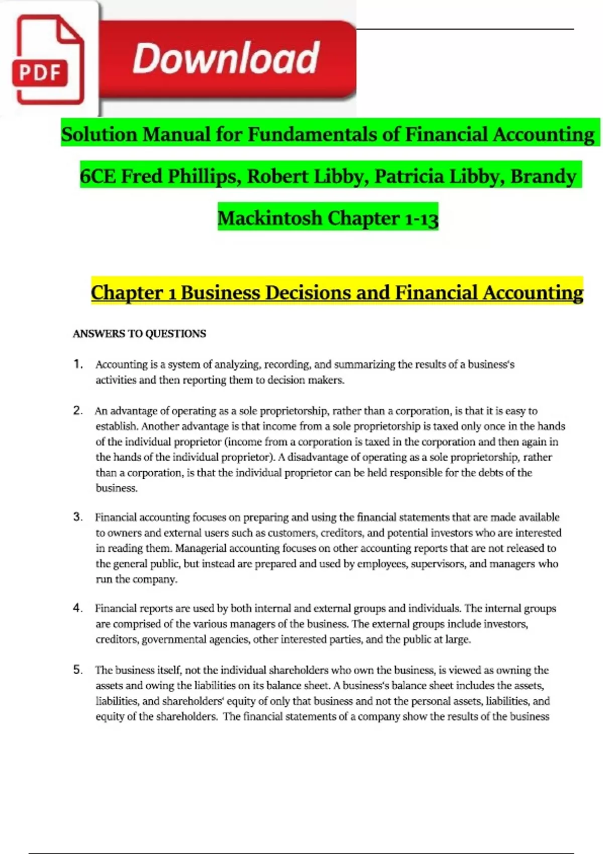 Solution Manual for Fundamentals Of Financial Accounting 6CE Fred Phillips, Robert Libby ...