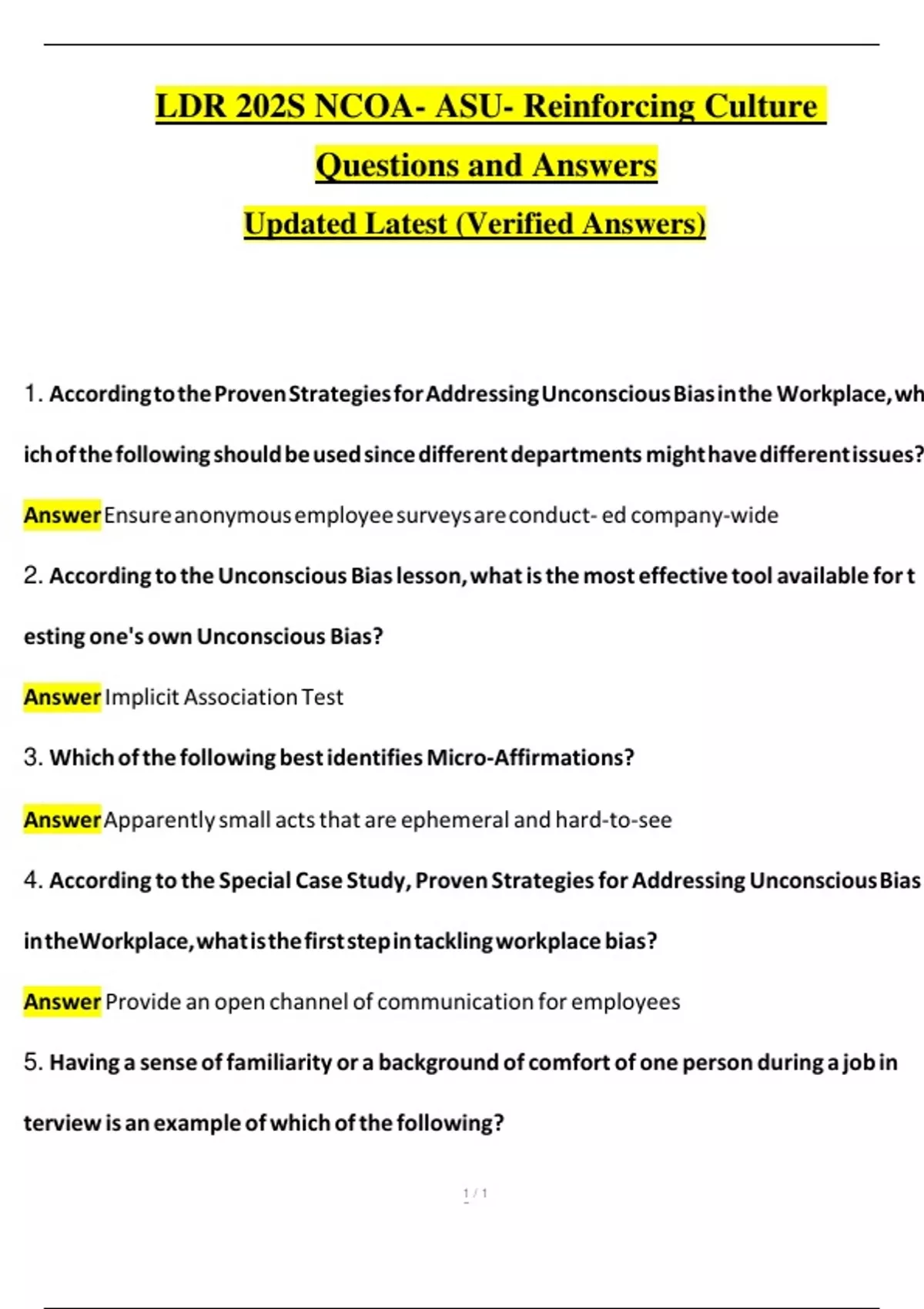 LDR 202S NCOA- ASU- Reinforcing Culture 2025 Questions and Answers ...