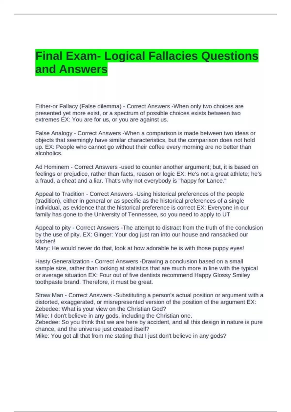 Final Exam- Logical Fallacies Questions and Answers - Logical Fallacies - Stuvia US