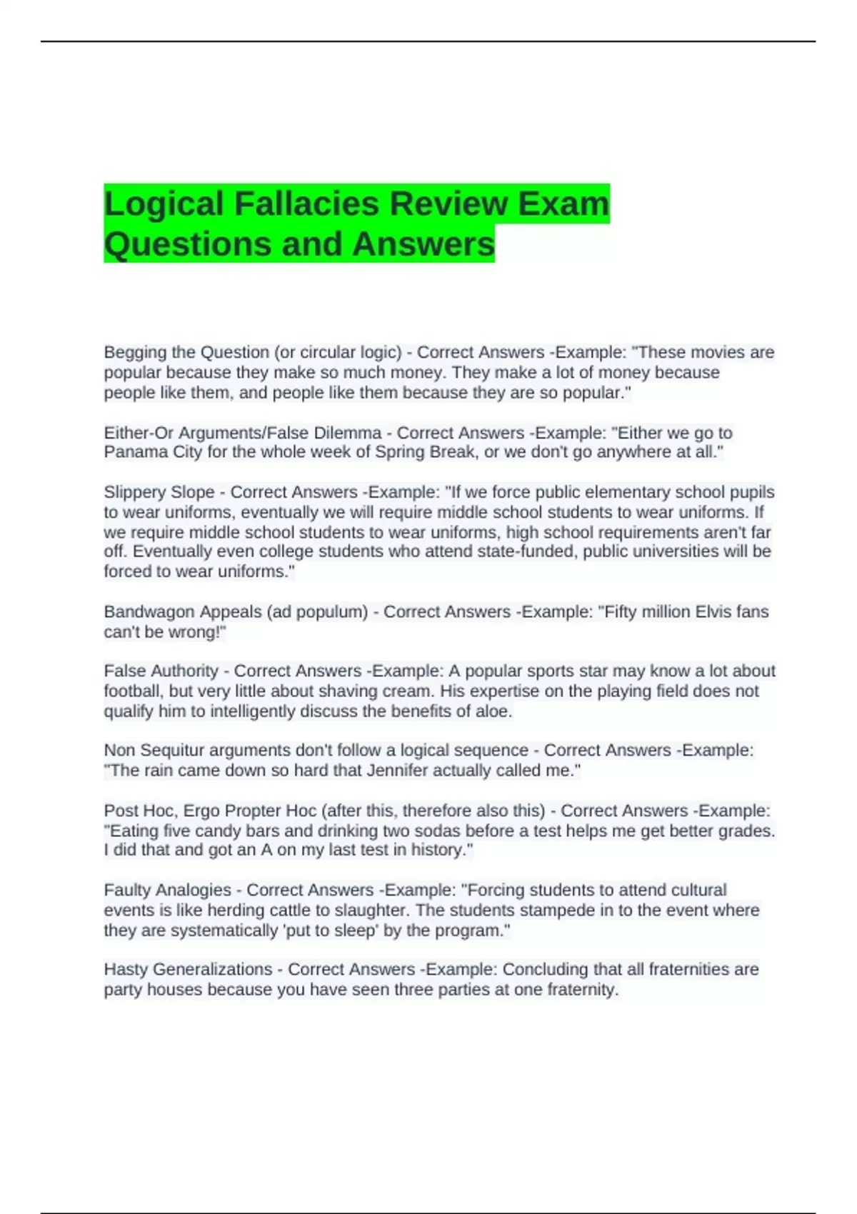Logical Fallacies Review Exam Questions and Answers - Logical Fallacies ...
