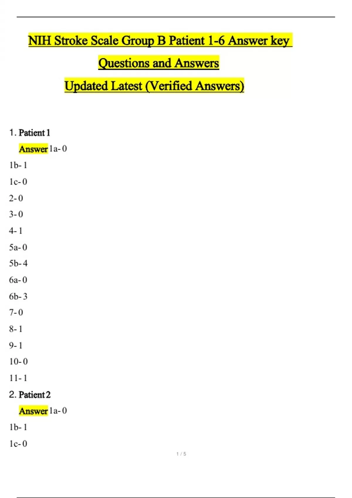 NIH Stroke Scale Group B Patient 1-6 Answer key Latest 2025/2026 ...