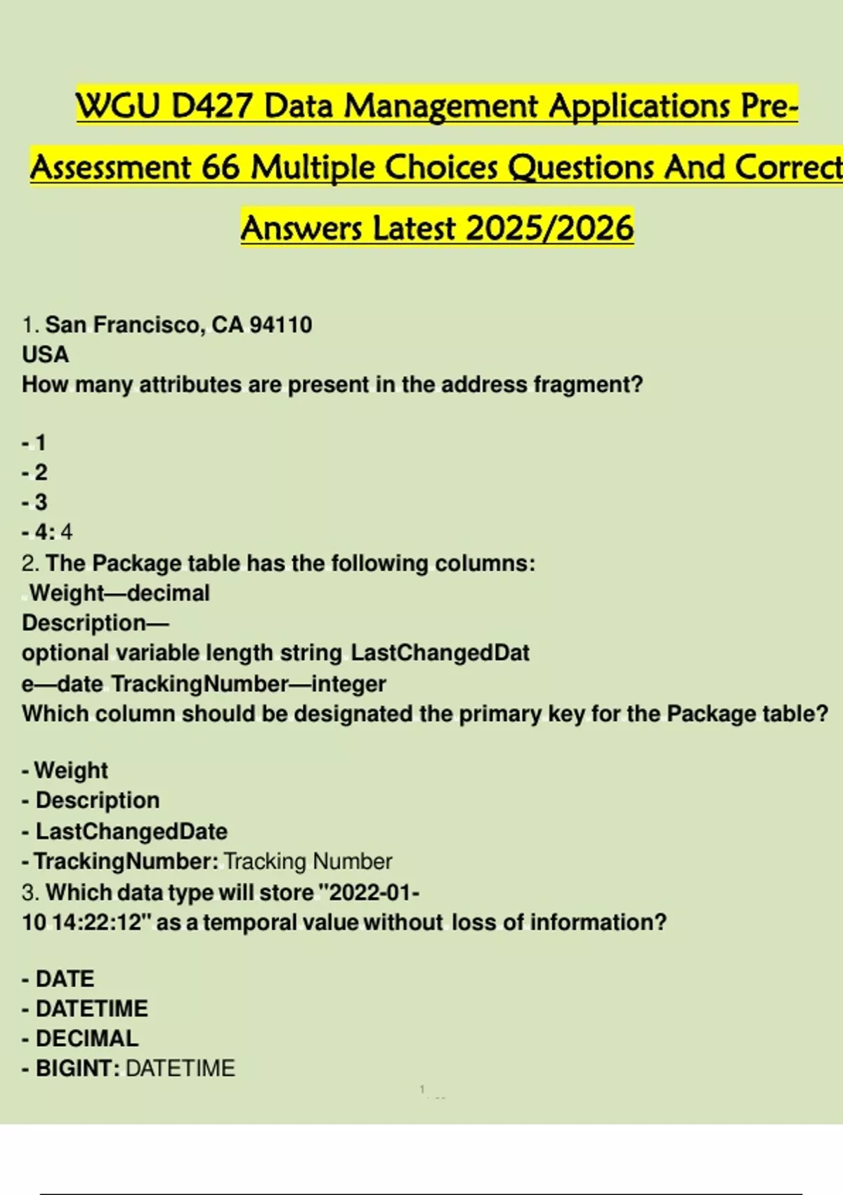 WGU D427 Data Management Applications Pre Assessment 66 Multiple Choices Questions And Correct ...