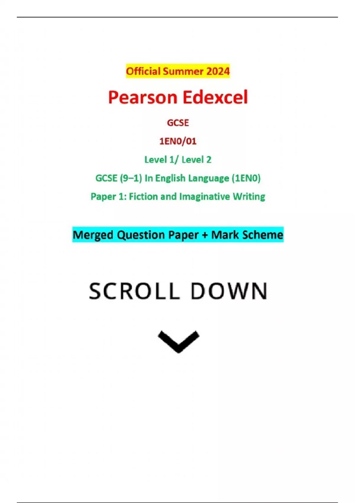 Official Summer 2024 Pearson Edexcel GCSE 1EN0/01 Level 1/ Level 2 GCSE ...