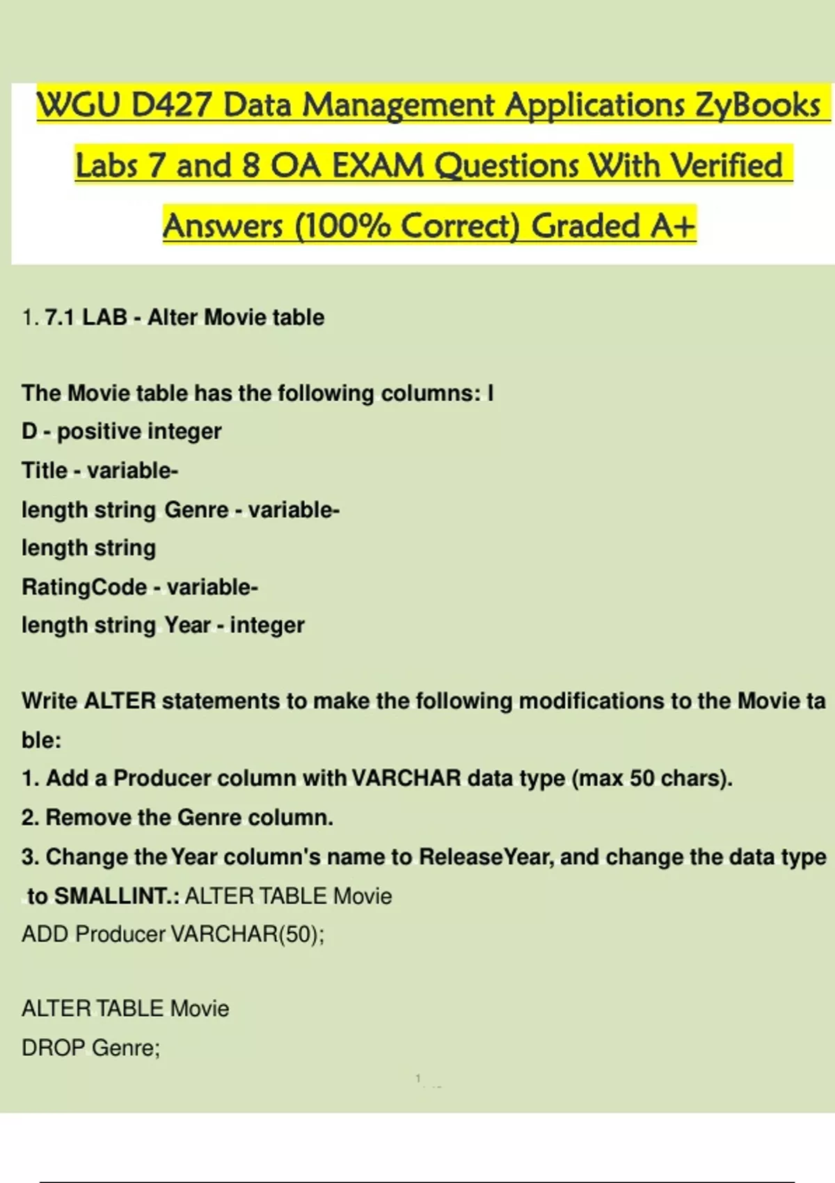 WGU D427 Data Management Applications ZyBooks Labs 7 and 8 OA EXAM ...
