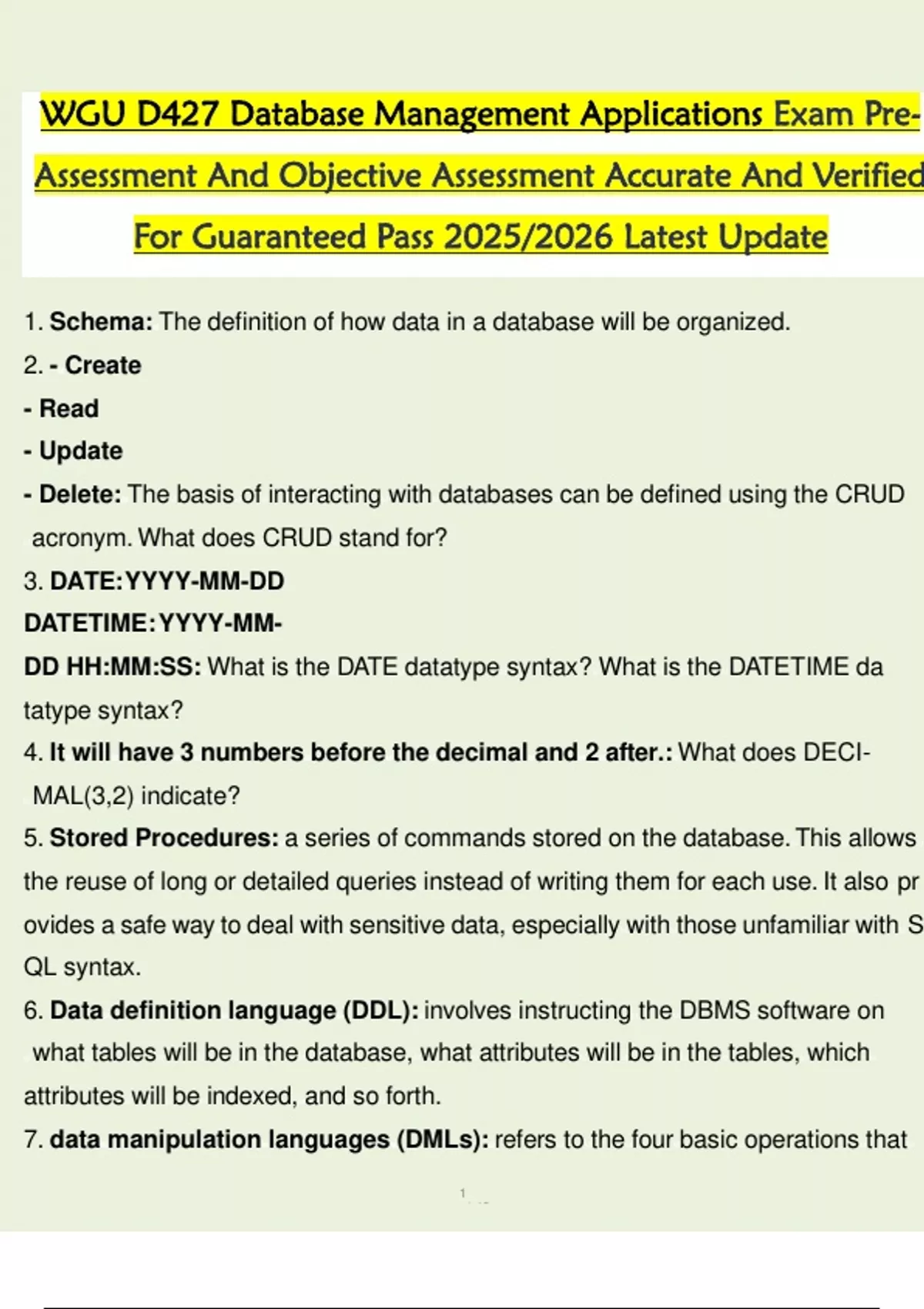 WGU D427 Database Management Applications Exam Pre Assessment And Objective Assessment Accurate ...