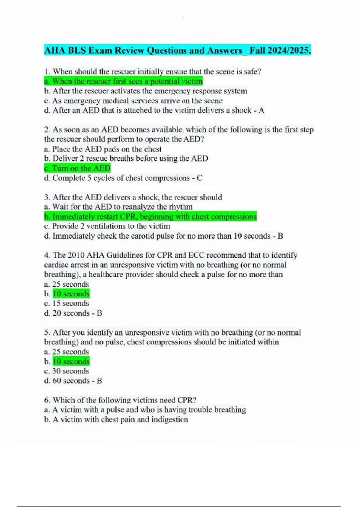 AHA BLS Certification Exam Review 2025: Questions and Answers - AHA BLS ...