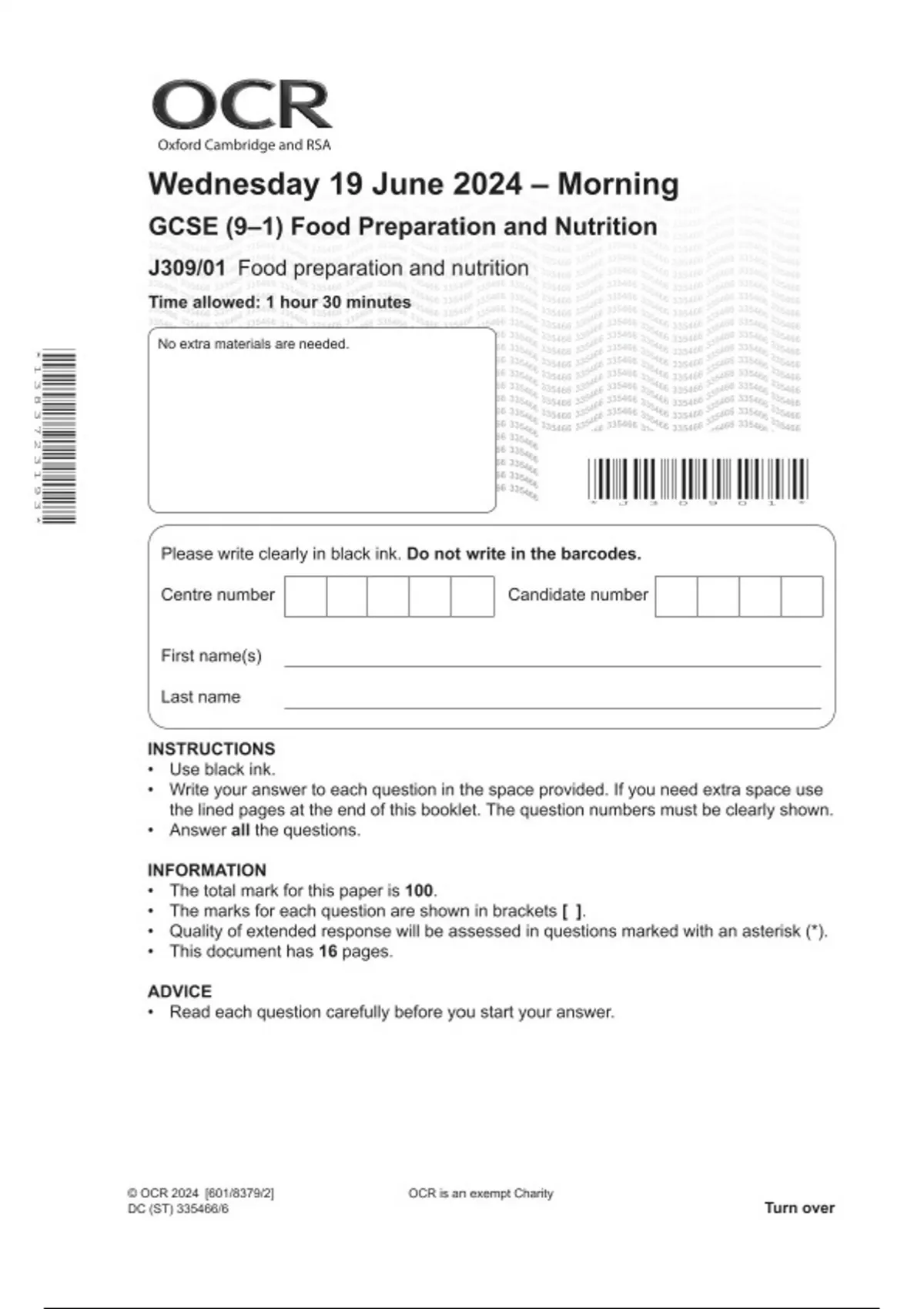 OCR GCSE (9–1) Food Preparation and Nutrition J309/01 JUNE 2024 QUESTION PAPER: Food preparation ...