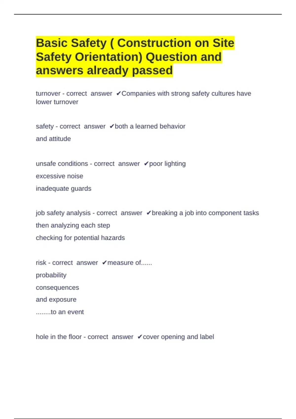 Basic Safety ( Construction on Site Safety Orientation) Question and ...