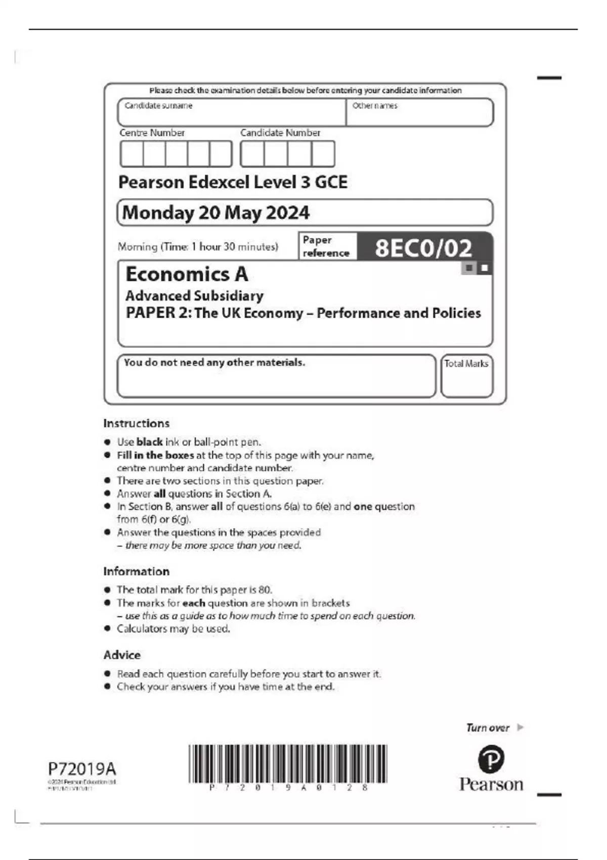 Edexcel AS Level Economics A Paper 2 (Question Paper + Mark Scheme ...