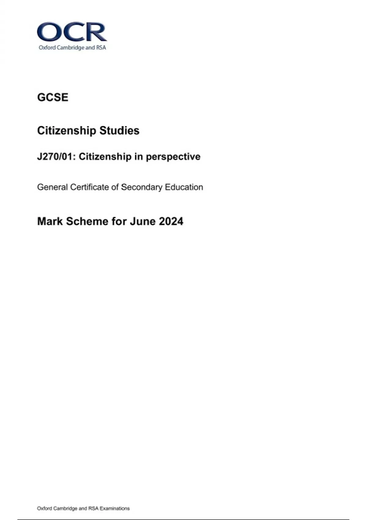 OCR GCSE (9–1) Citizenship Studies J270/01 JUNE 2024 QUESTION PAPER AND ...
